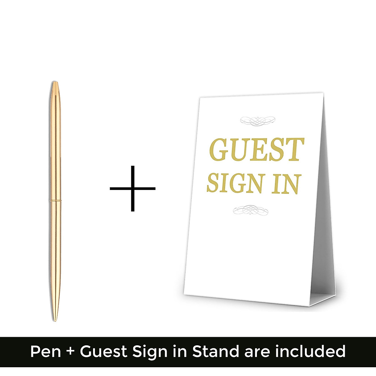 White & Gold Wedding Guest Book w/ Pen & Table Sign - Guestbook Sign in for Reception, Birthday Parties, Bridal or Baby Shower - Gilded Pages, Size 7"x9" inches - Blank Left Page for Polaroids