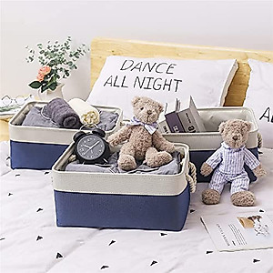 Vissin Large Storage Baskets, Foldable blue Basket with Cotton Handles, Canvas Fabric Storage Bins for Organizing,Cupboards, Shelves, Clothes, Toys, Towel, (blue+White,1 Pack)