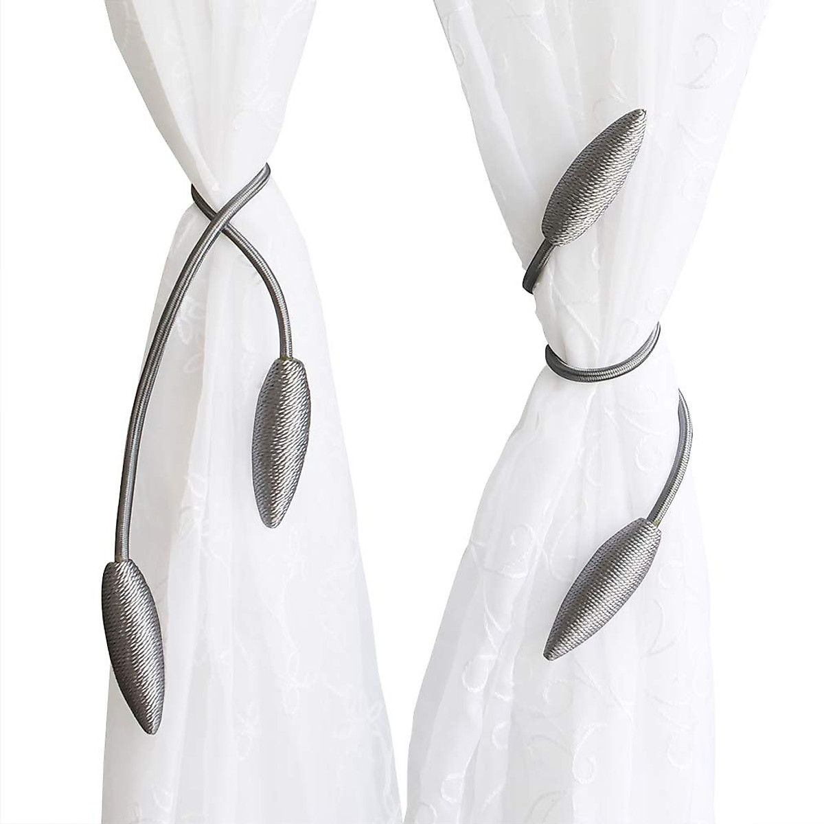 Valea Home 2 Pieces Curtain Tiebacks Clips Creative Window Drape Twist Tie Backs European Style Custom Made Curtain Holders Decorative Draperies Holdbacks, Silver Grey