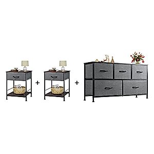 WLIVE 1-Drawer Nightstand and 5-Drawer Dresser Set, Fabric Dresser, Storage Organizer Unit with Fabric Bins for Closet, Living Room, Hallway, Nursery, Steel Frame, Wood Top, Dark Grey