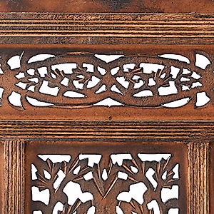 Cotton Craft Ghanti Bells - Antique Brown 4 Panel Handcrafted Wood Room Divider Screen 72x80 - With Tiny Bells - Intricately Carved On Both Sides