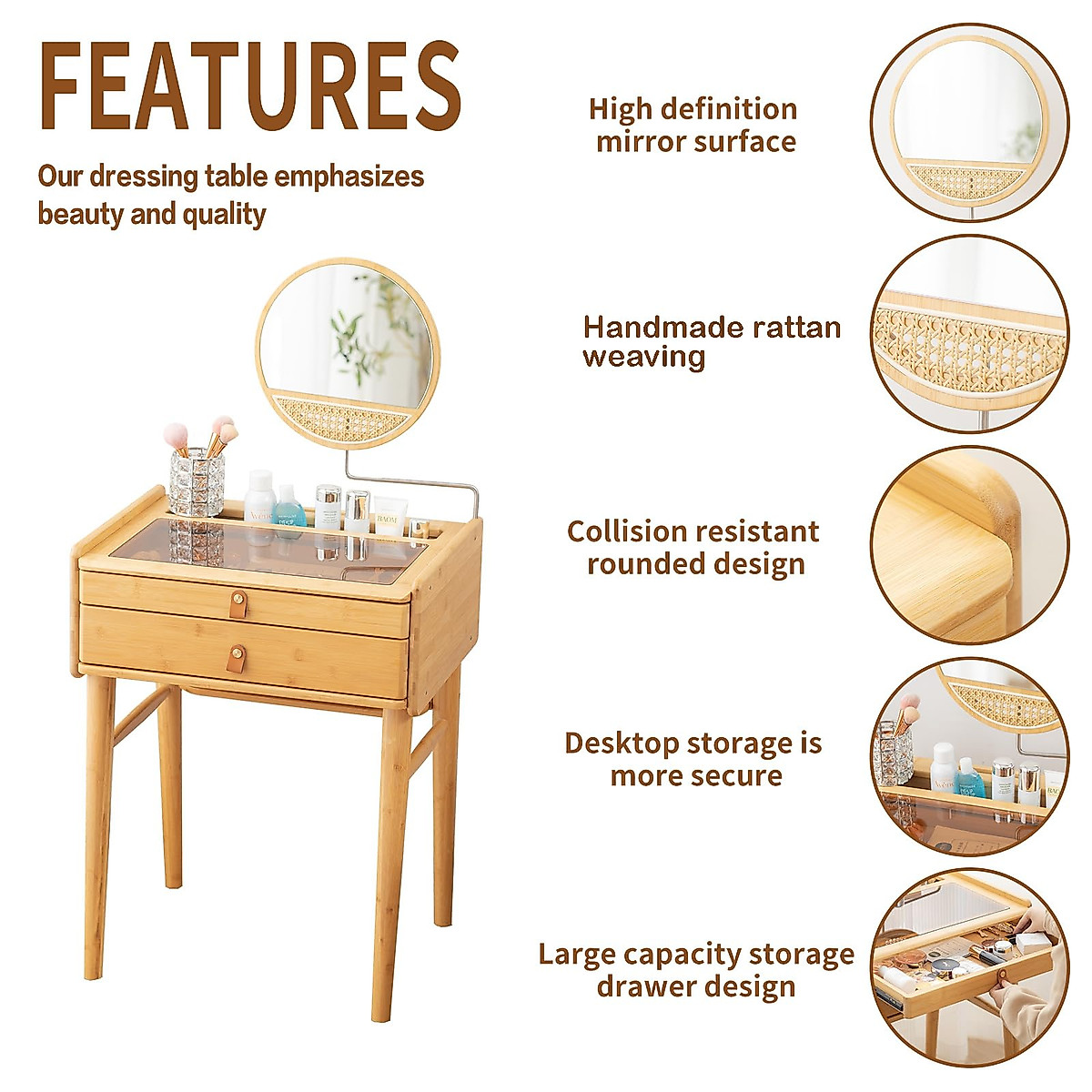 Tiita Vanity Desk, Makeup Vanity Table with Mirror, Dressing Table with 2 Drawers,Modern Wood Bedroom Vanity Vintage Dressing Table for Women Girls