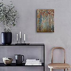 Canvas Wall Art Yellow Tree Forest Landscape Picture Prints, Rustic Modern Birch Trees Nature Woods Abstract Painting Artwork 12"x16" Wood Gallery and Framed for Home Office Living Room Bedroom Decor