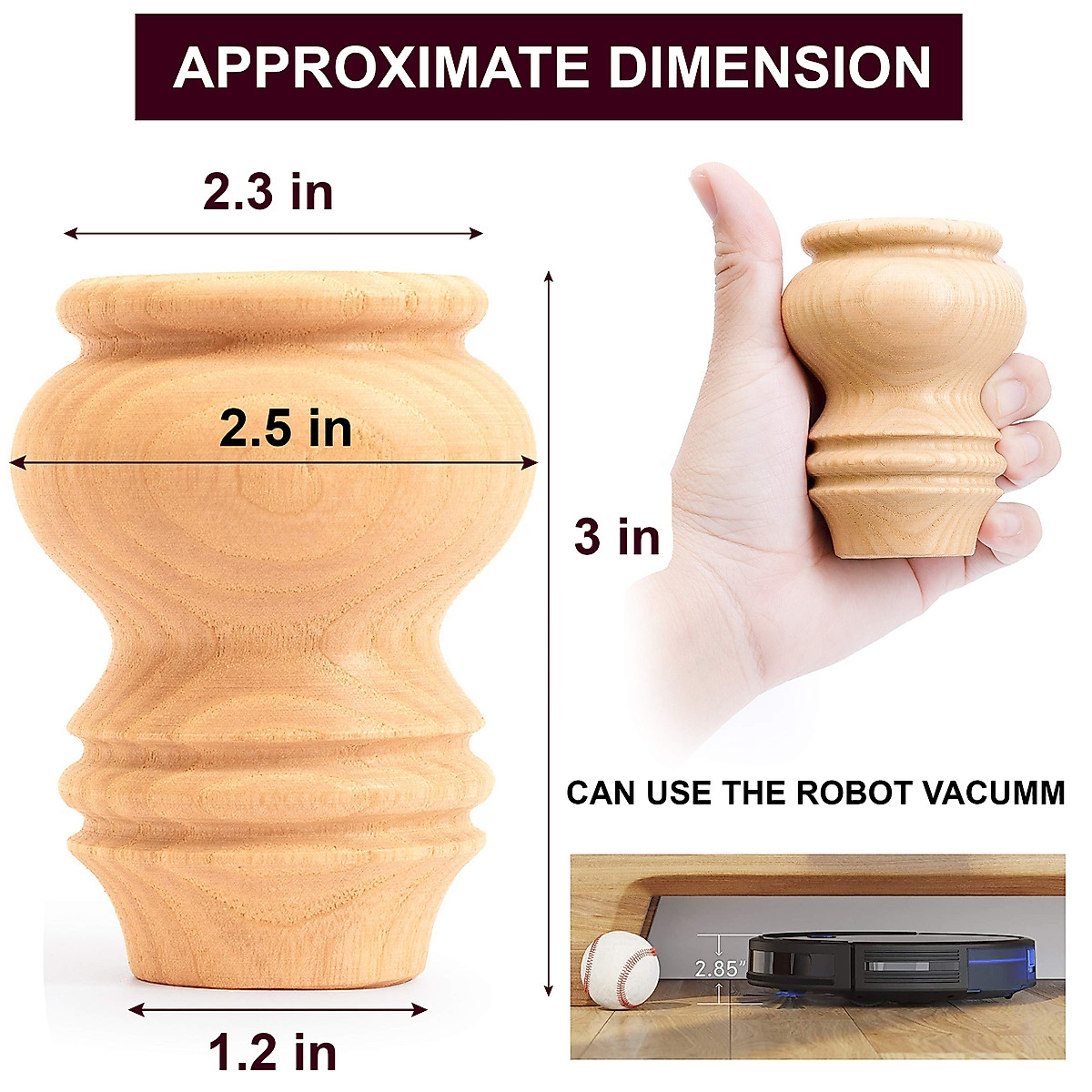 decorluxes Wood Legs for Furniture Set of 4 Kallax Legs Short Table Legs Coffee Table Legs Dresser Legs Set of 4 Bun Feet Gold Natural Woden Things (3 in with Mounting Plates)