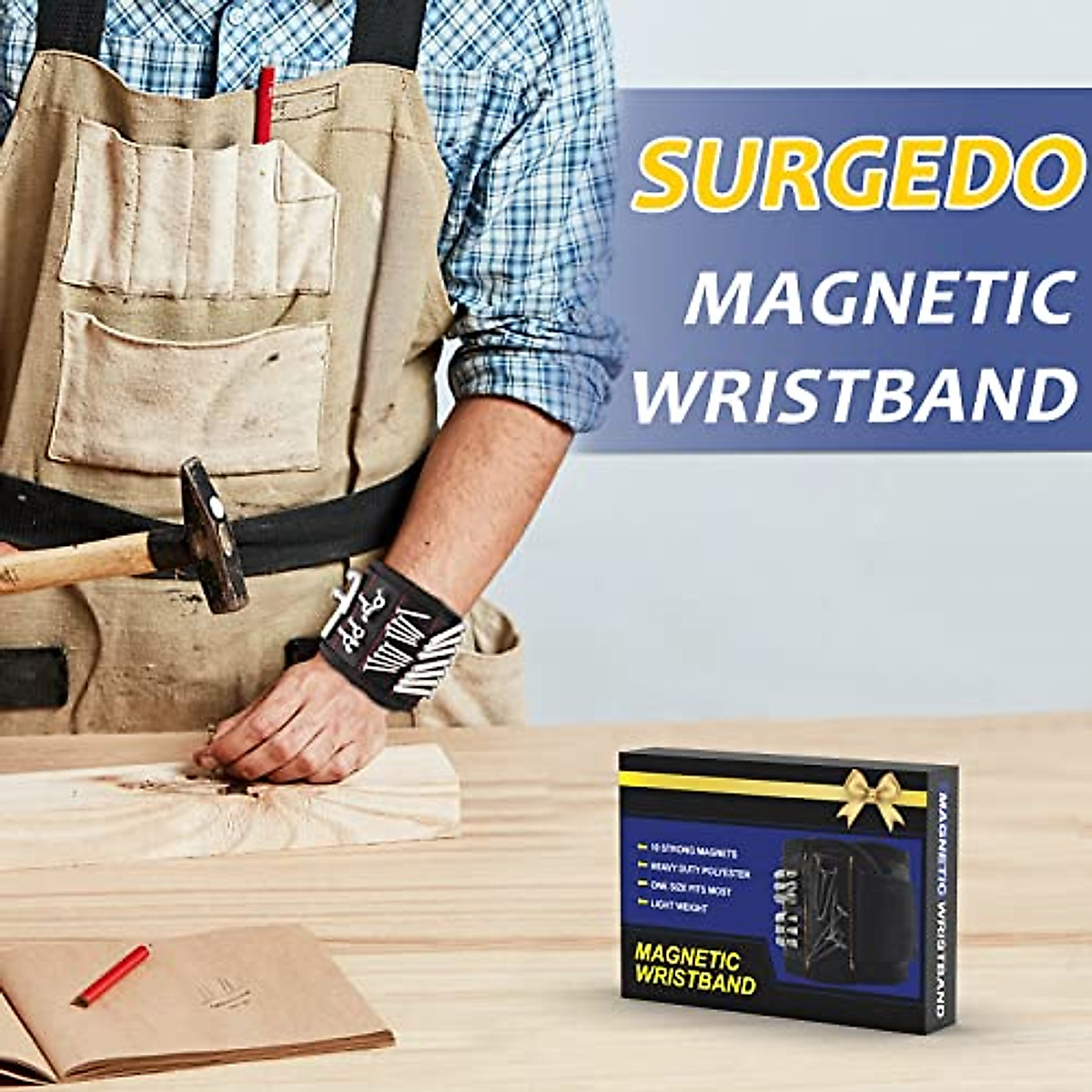 Magnetic Wristband, SURGEDO Magnetic Wrist Tool Holder with Strong Magnet for Screws, Also Includes Retractable Magnet Pick-Up Tool with LED, Small Gifts for Dad Men Husband