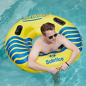 Swimline 17035ST Solstice River Rough 48" Round Heavy Duty Inflatable Inner Tube Swimming Pool 1 Person Lake Float with Handles, Yellow/Blue