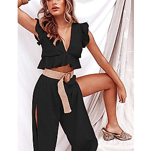 FANCYINN 2 Pieces Black Beach Jumpsuits Outfits for Women Deep V Neck Crop Top Side Slit Drawstring Wide Leg Pants Set Halloween Black Witch M