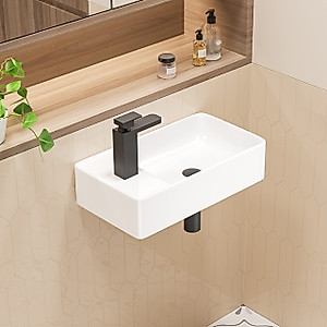 Bathroom Sink 18" x 10" Rectangle, Eridanus Wall Mount Vessel Sink Floating, Modern White Ceramic Porcelain Vitreous Countertop Wash Basin Wall Hang Bowl Space Saving Small Sinks