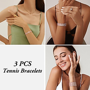 FIBO STEEL 3 PCS Rhinestone Stretch Bracelets for Women Bridal Sparkly Wedding Strand Tennis Bracelet Set Rose Gold-Tone