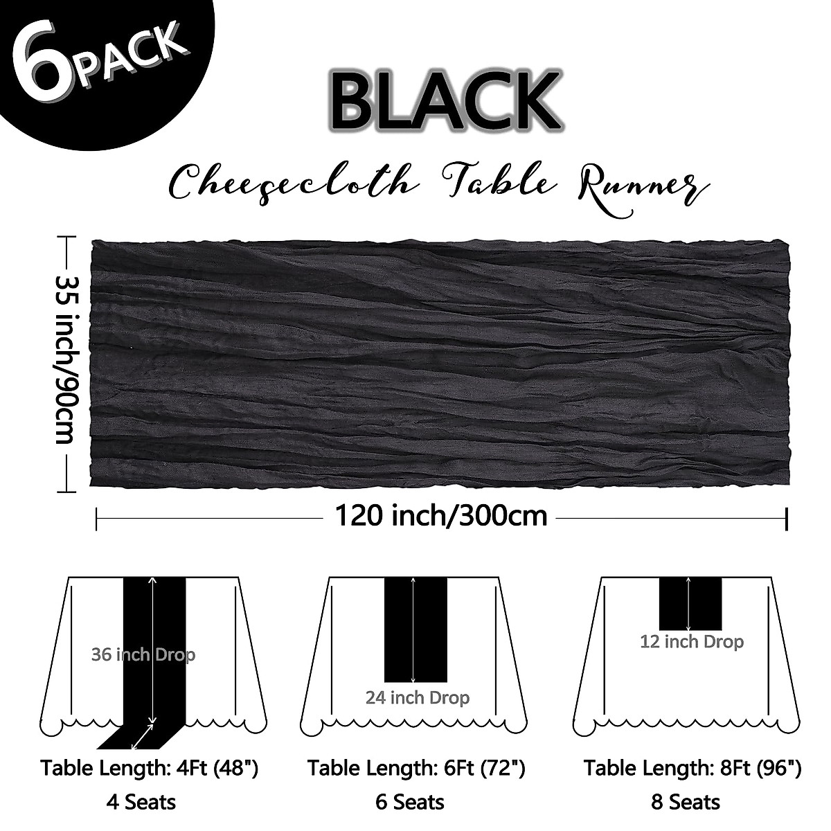 Heneger 6 Pack Black Cheesecloth Table Runner 10Ft Gauze Cheese Cloth Table Runner 35x120 Inch Boho Sheer Rustic Fabric Runner for Party Bridal Baby Shower Wedding Table Decoration