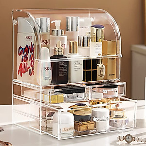 Large Acrylic Makeup Organizer With Lid Cosmetic Storage Drawers Portable Makeup Organizers Dustproof And Waterproof Box For Women (Gold/Clear, 11.8inx 14in x 7in)