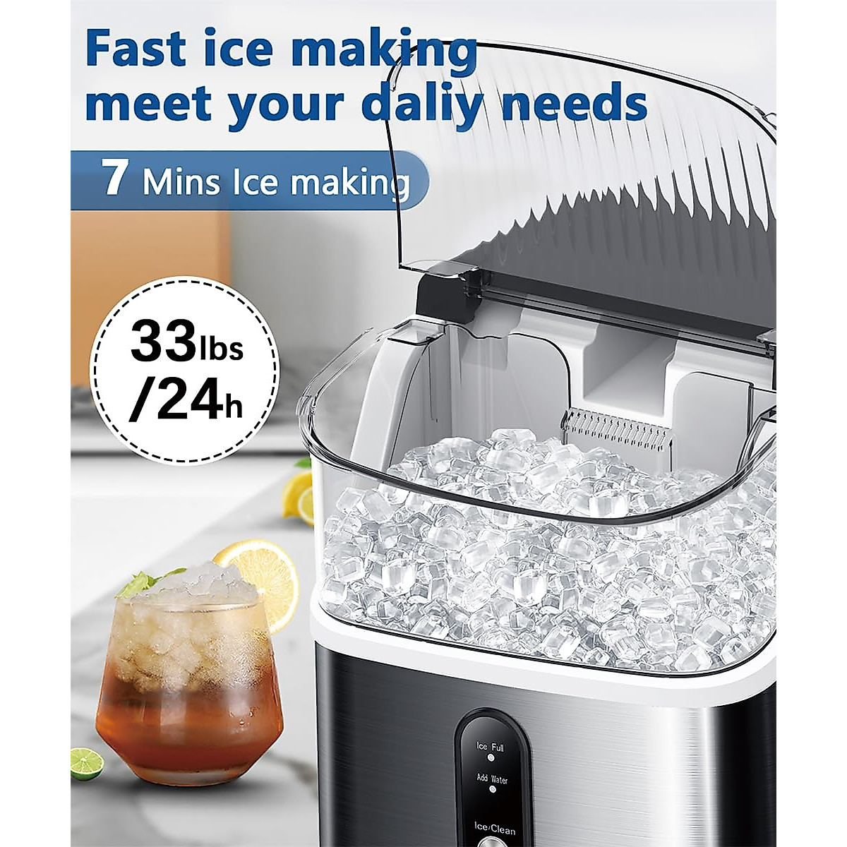 Joy Pebble Stainless Steel Ice Maker Countertop, 10,000pcs/33lbs/Day, Portable Nugget Ice Maker Machine with Handle, Self-Cleaning, Black