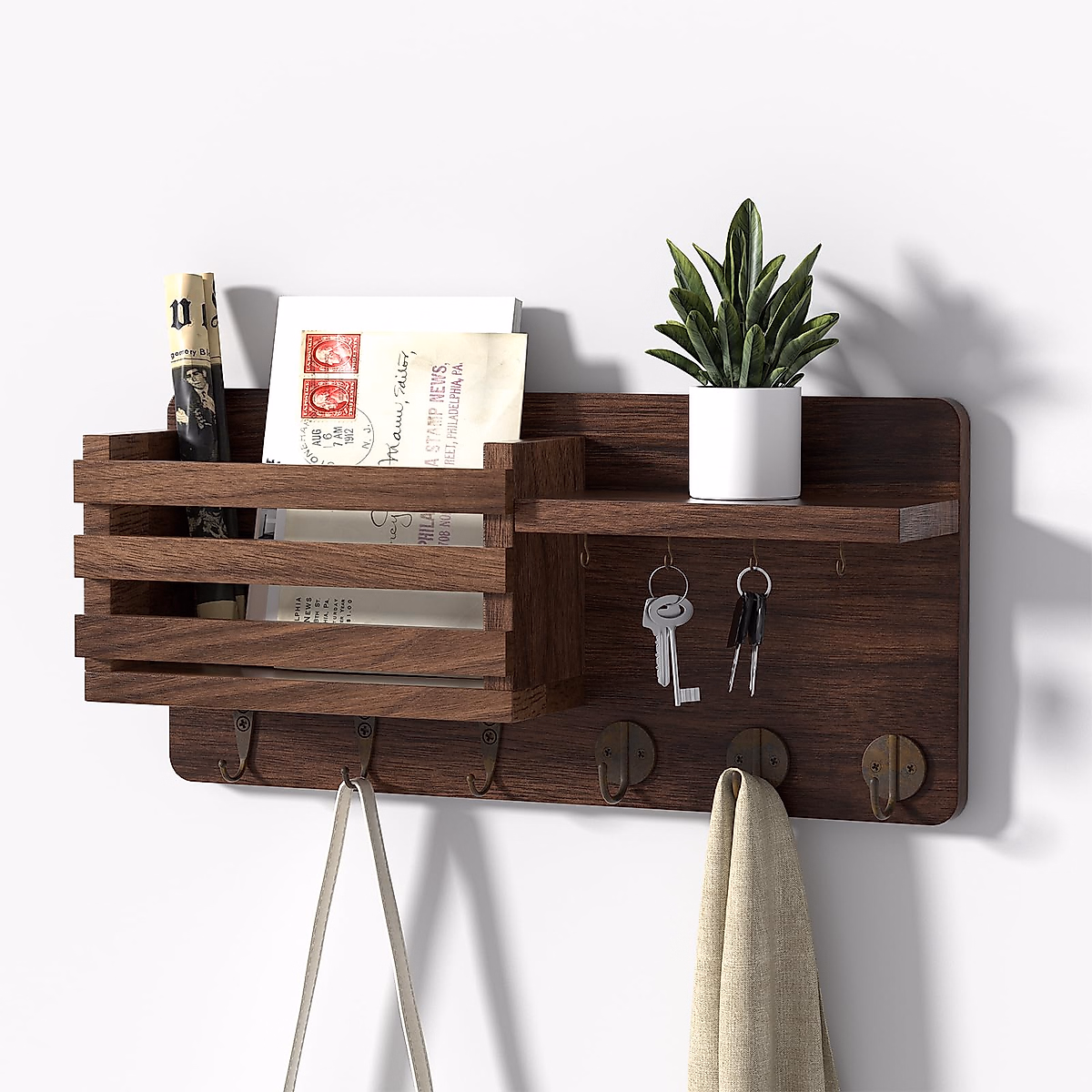 Key Holder for Wall, Key Hanger Wall Mount Hallway Farmhouse Decor, Mail Holder with 10 Key Hooks, Modern Key Rack with Floating Shelf, Mail Organizer and Key Hanging 2-in-1 Storage Rack