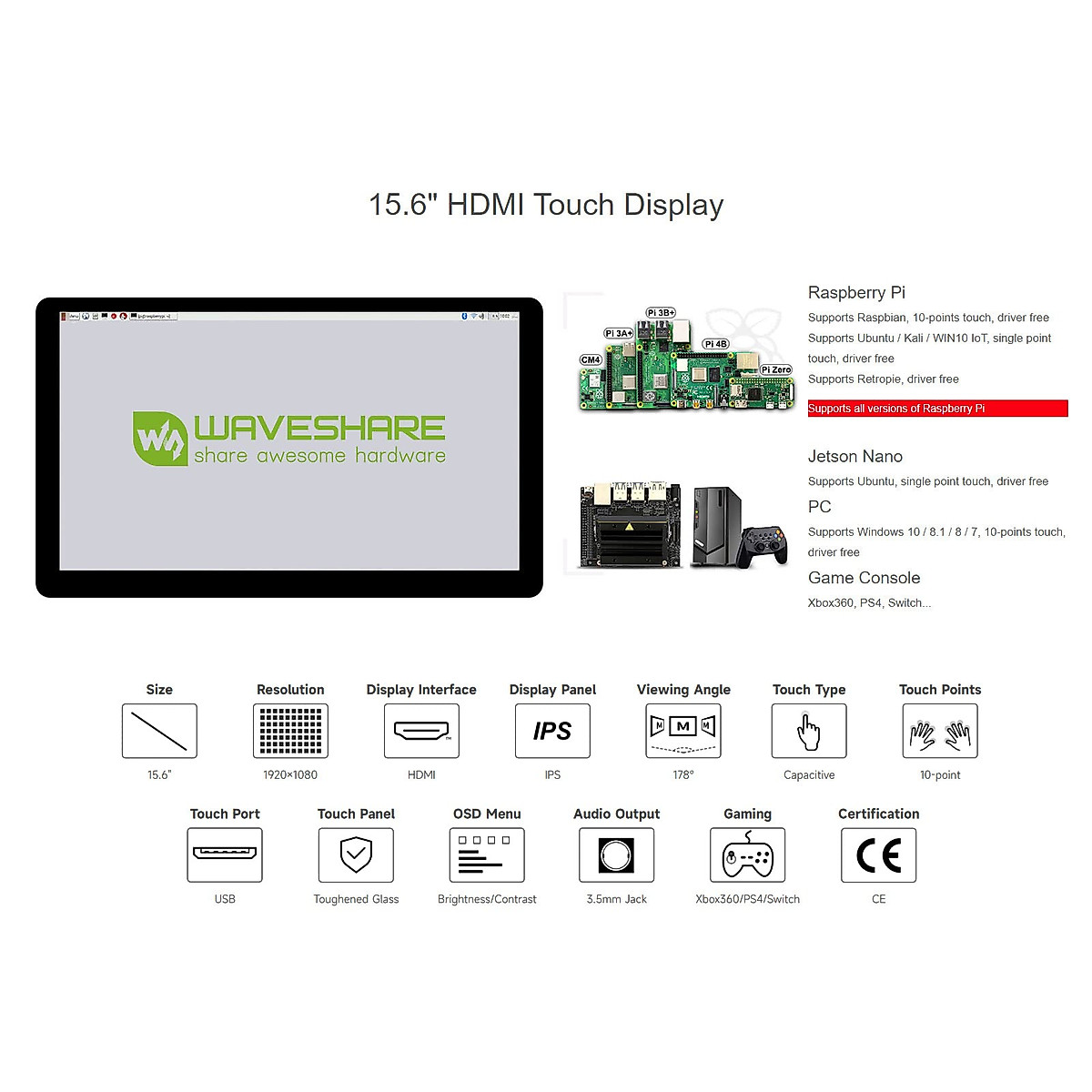 waveshare 15.6inch Capacitive Touch Screen LCD Compatible with Raspberry Pi 4B/3B+/3A+/2B/B+/A+/Zero/Zero W/WH/Zero 2W CM3+/4 1920×1080 Resolution HDMI IPS Supports Jetson Nano/Windows