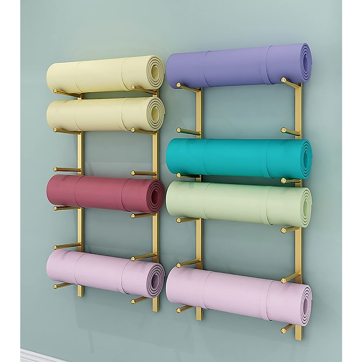 LHRUI Yoga Mat Holder Yoga Mat Rack Wall Mount Exercise Mats Storage Holder, Gym Studio Bedroom Garage Iron Foam Roller Racks, Including All Mounting Accessories (Color : Gold)