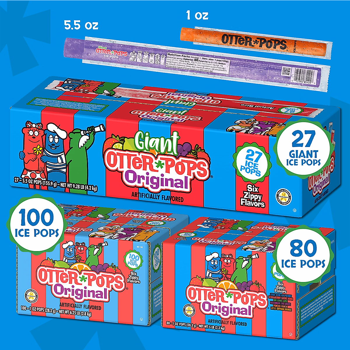 Otter Pops, Giant Original 5.5oz, 27 Ice Pops, Six Zippy Flavors