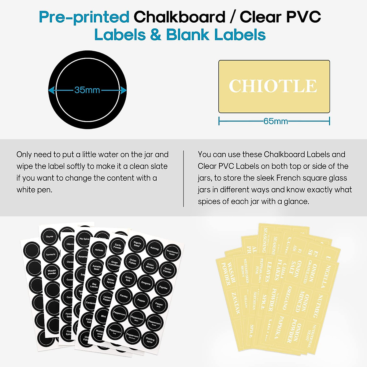 Aozita 14 Pcs Glass Spice Jars with Spice Labels - 8oz Empty Square Spice Bottles - Shaker Lids and Airtight Metal Caps - Chalk Marker and Silicone Collapsible Funnel Included