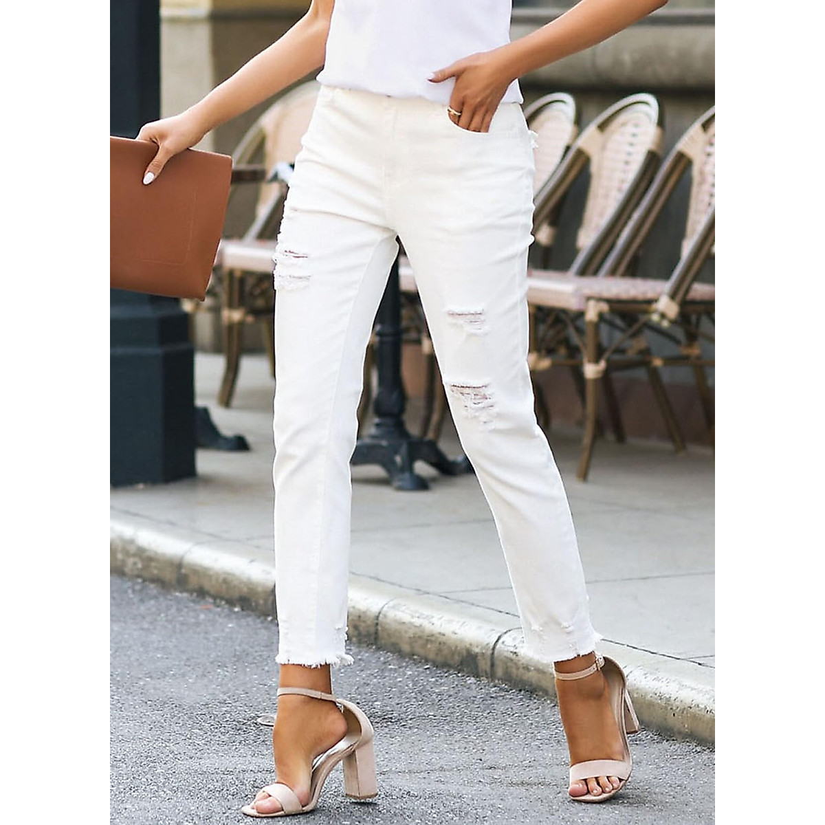 EVALESS White Womens Jeans Stretch Boyfriend Ripped Distressed Frayed Raw Straight Ankle Hem Denim Pants Tummy Control Size 8