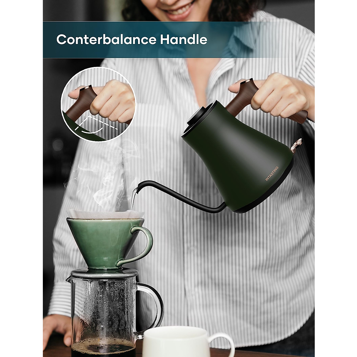 INTASTING Gooseneck Electric Kettle Hot Water Boiler Pour Over Coffee and Steeping Tea, 304 Stainless Steel, 0.9L/30oz, Auto Shut-Off & Boil Dry Protection, Matte Green with Dark Brown Wood Handle