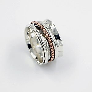 925 Silver Ring Three Tone Spinner Rings Handmade Silver Spinner Ring Meditation Ring Thumb Rings Hammered Textured Fidget Rings Silver Wide Band Ring Jewelry Birthday Gift (5.50)