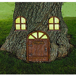 ALLADINBOX Miniature Fairy Gnome Home Window and Door with Welcome Sign for Trees Decoration, Glow in Dark Fairies Sleeping Door and Windows, Yard Art Garden Sculpture Lawn Ornament Halloween Decor
