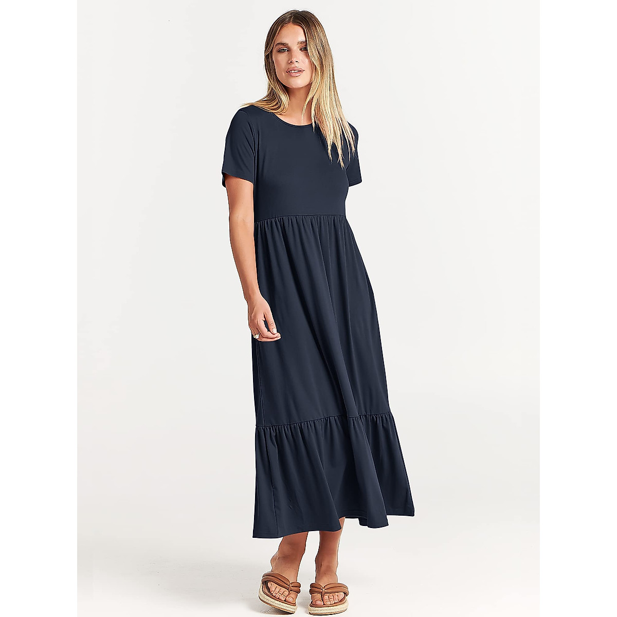 ANRABESS Women Summer Casual Short Sleeve Crewneck Aline Swing Flowy Tiered Shirt Maxi Beach Long Dress 2025 Trendy Outfits X-Large Navy Blue