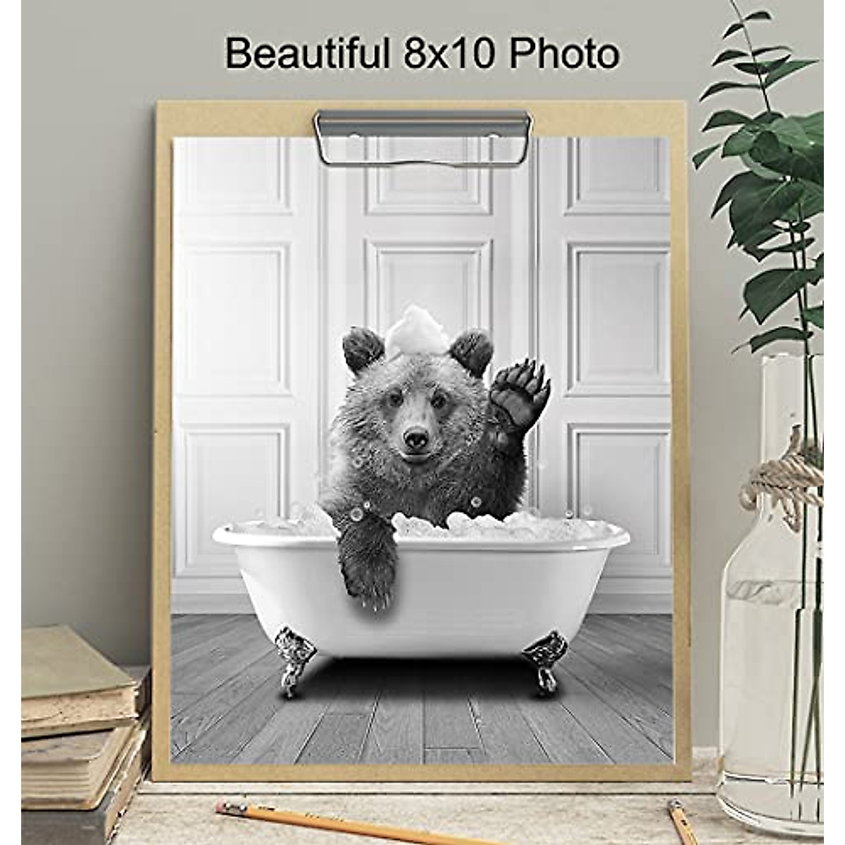 Bear Wall Decor - Bear Wall Art - Funny Bathroom Decor for Women, Kids - Bathroom Pictures - Bath Wall Decor - Cute Modern Bathroom Accessories - Cool Unique Bathroom Sign- Powder Room - Restroom Sign
