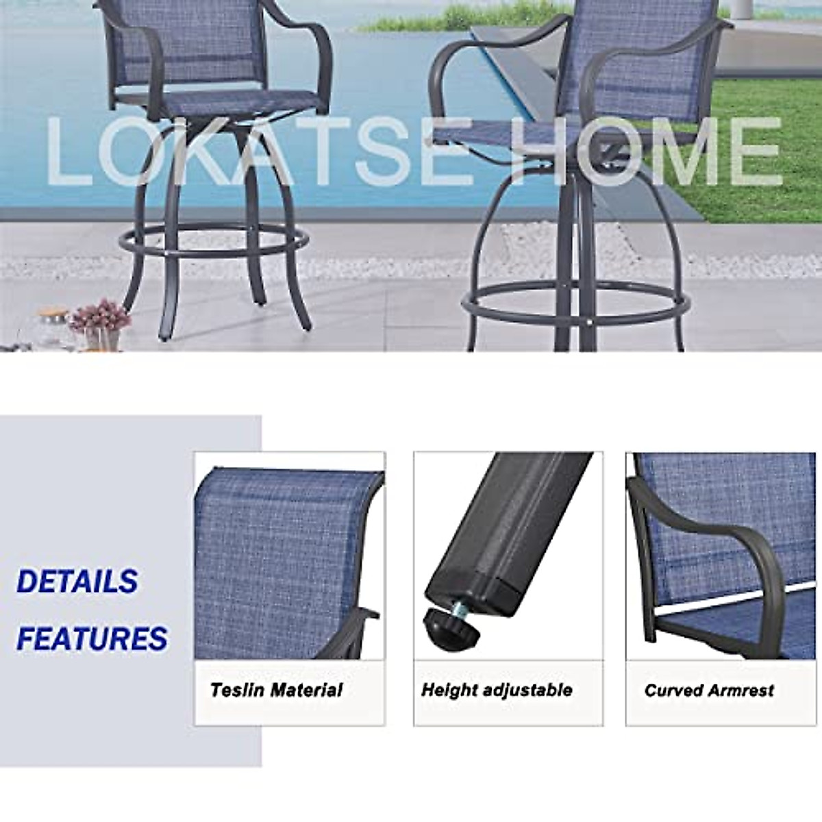 LOKATSE HOME 5 Piece Patio Dining Set Tesling Swivel Chairs with Glass Square Table Outdoor Furniture Bistro Rotating Stools for Poolside, Cafe, Porch, Chic Bar, Blue