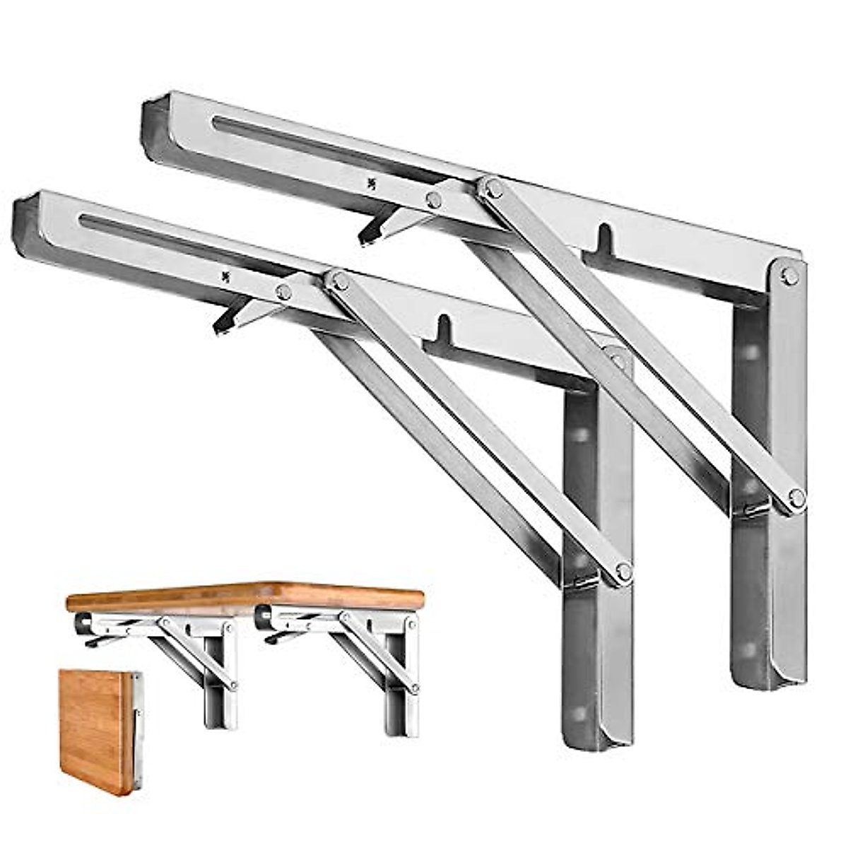 Folding Shelf Brackets - Heavy Duty Stainless Steel Collapsible Shelf Bracket for Bench Table, Space Saving DIY Bracket, Max Load: 550lb （Long：10” ，2 PCS）