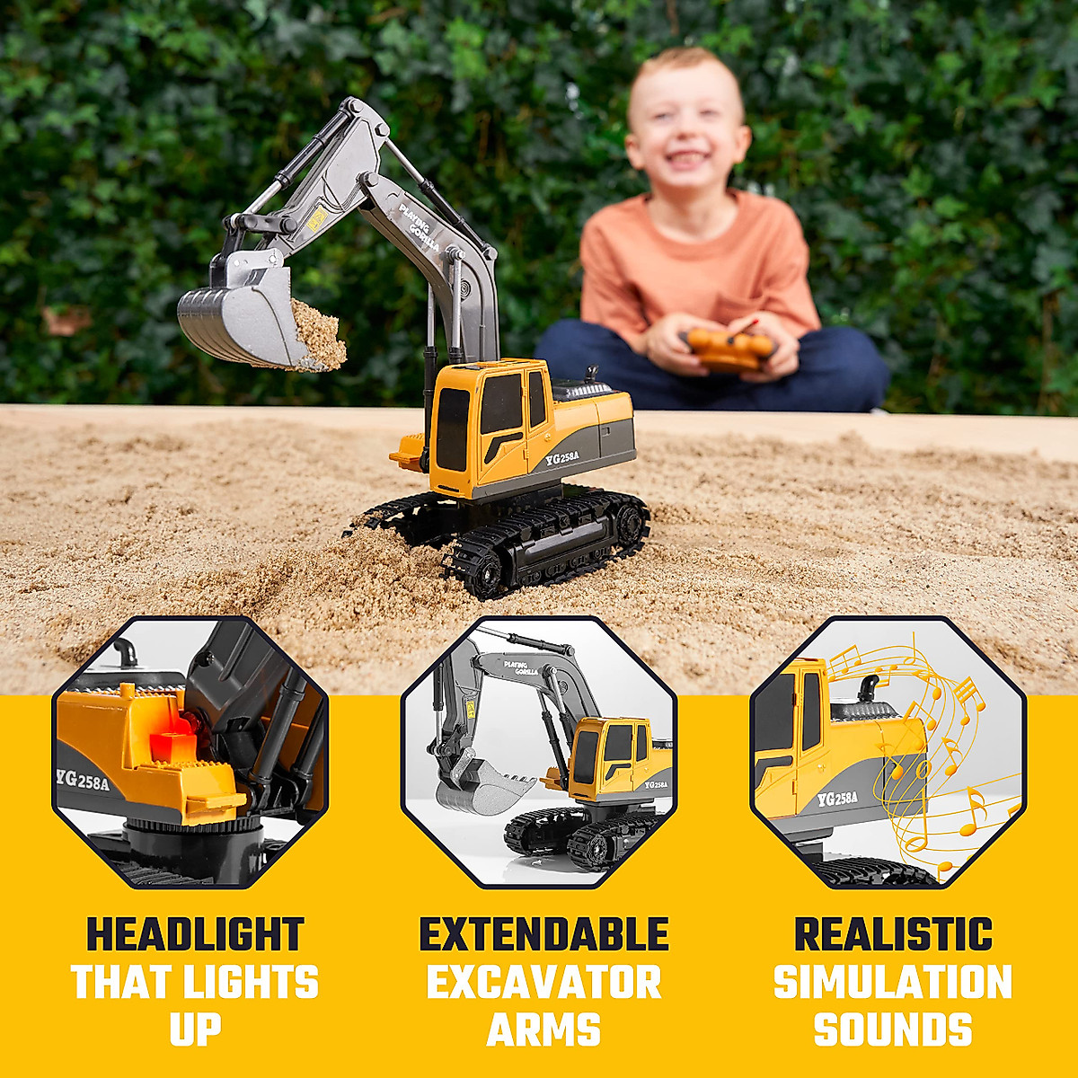 Playing Gorilla Remote Control Excavator Realistic Construction Toy for Boys Age 3 4 5 6 7 8 9 with Extra Rechargeable Batteries - 1:24 Scale Excavator Remote Construction Toys