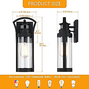 PTRWOROA Dusk to Dawn Motion Sensor Outdoor Wall Light, 15 Inches Large Black Exterior Wall Sconce Lantern Lighting with Ribbed Glass, Wall Mounted Light Fixture for Garage Porch Patio