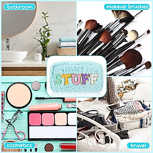 Mixweer Chenille Letters Plush Preppy Makeup Bag Portable Small Travel Cosmetic Bag with Zipper Fleece Pouch Bags for Women Girls Patch Pouches for Toiletries Cosmetic Storage Organizer (Blue, Stuff)