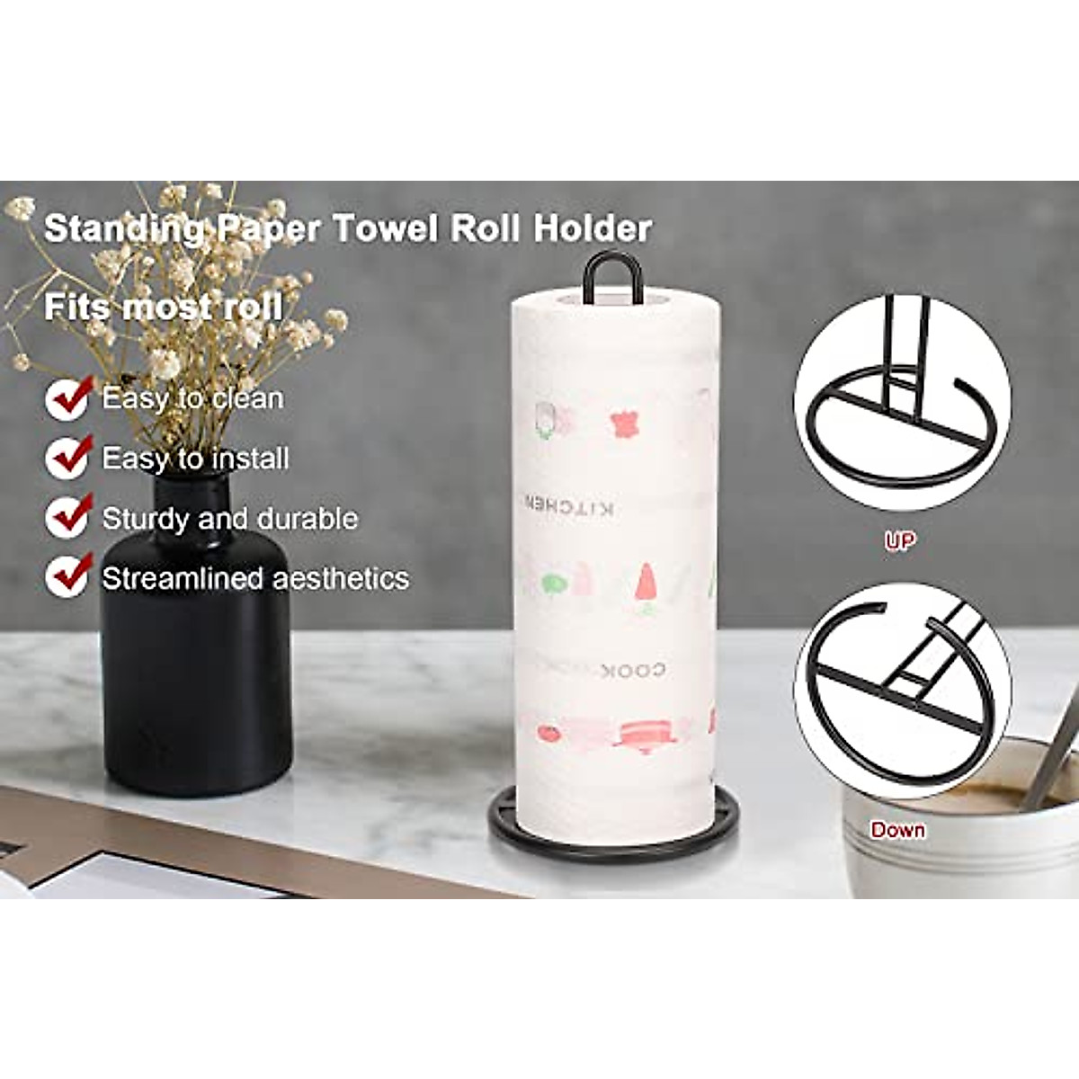 NearMoon Paper Towel Holder Countertop, Sturdy Kitchen Paper Towel Stand Dispenser-All Metal, Standard or Jumbo-Sized for Kitchen Countertop, Farmhouse, Living Room (1 Pack, Matte Black)