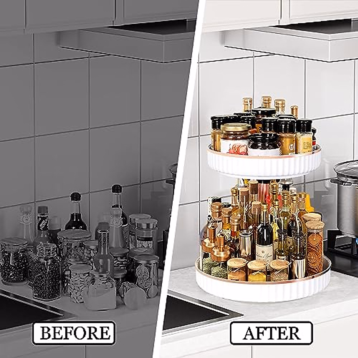 WNYNUEP 2 Tier Lazy Susan Organizer Spice Rack Organizer for Cabinet, 12 Inches Turntable and Height Adjustable Kitchen Cabinet Organizer, for Cabinet, Pantry, Kitchen, Cosmetic Table, Non-Skid White