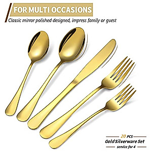 20 Piece Gold Silverware Set, Stainless Steel Flatware Utensil Sets for 4, Gold Cutlery Set Includes Forks Spoons Knives, Mirror Polished, Dishwasher Safe