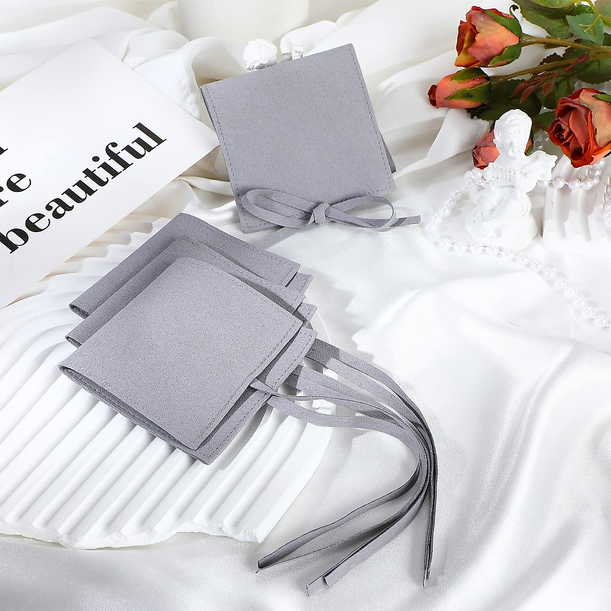 120 Pcs Microfiber Jewelry Pouch 8 x 8cm Jewelry Packaging Bag Gift Bow Tie Bracelet with Cleaning Cloth(Gray)