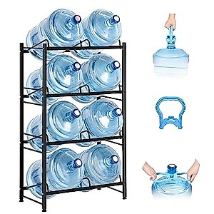 5 Gallon Water Bottle Holder, 4 Tier Water Jug Rack, Water Cooler Jug Rack for 5 Gal Water Bottle, Water Jug Dispenser Stand,Heavy Duty 5 Gallon Water Jug Stand for 8 Bottles with Lifter(4 Tier,Black)