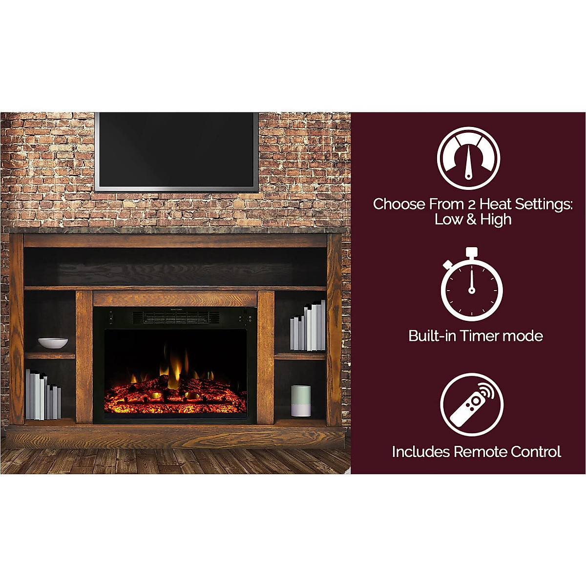 Cambridge Seville 47'' Freestanding Electric Fireplace with Log Insert, Remote, Multi-Color Flame, Walnut Mantel, For Rooms up to 210 Sq.Ft., Adjustable Heat Settings, Timer