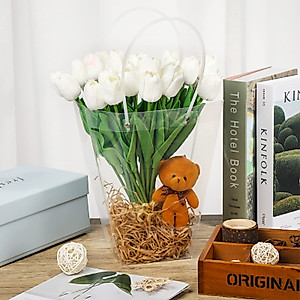 Woanger 12 Pieces Clear Flower Bouquet Bags with Handle, Transparent Florist Shop Packaging Supplies Plastic Flower Bag for Mother Day Fathers Day Graduation Birthday Wedding, 9.3 x 4.7 x 10.2 Inch