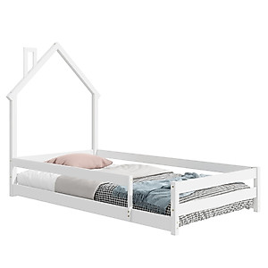 Floor Bed with Rails, Twin Size Montessori Bed with House Shape Headboard and Fence, Wood Floor Bed Frame for Kids Boys Girls, Box Spring Needed, White