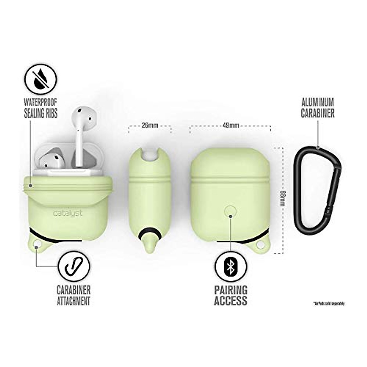 Catalyst Waterproof AirPods 1 & 2 Case with Premium Carabiner, Compatible Wireless Charging, One-Piece Design, Protective Cover Soft Skin, High Drop Protection, Silicone Sealing - Glow in Dark