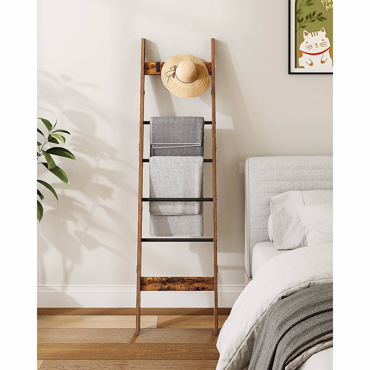Hzuaneri Blanket Ladder Shelf for Living Room, Decorative Quilt Rack with 4 Removable Hooks, 6-Tier Farmhouse Ladder Holder Organizer for Bedroom, Rustic Brown BR31501B