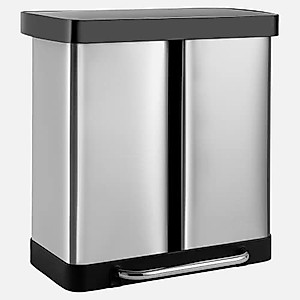 Arlopu 16 Gallon Dual Trash Can, 60L Stainless Steel Kitchen Garbage Can, Step-on Classified Recycle Garbage Bin with Removable Inner Buckets, for Kitchen, Living Room, Office, Silver (2x30L)