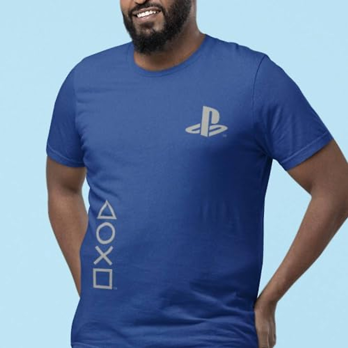 Ripple Junction Sony PlayStation Men’s Short Sleeve T-Shirt Iconic PS Graphic Logo Controller Buttons Modern Medium Blue