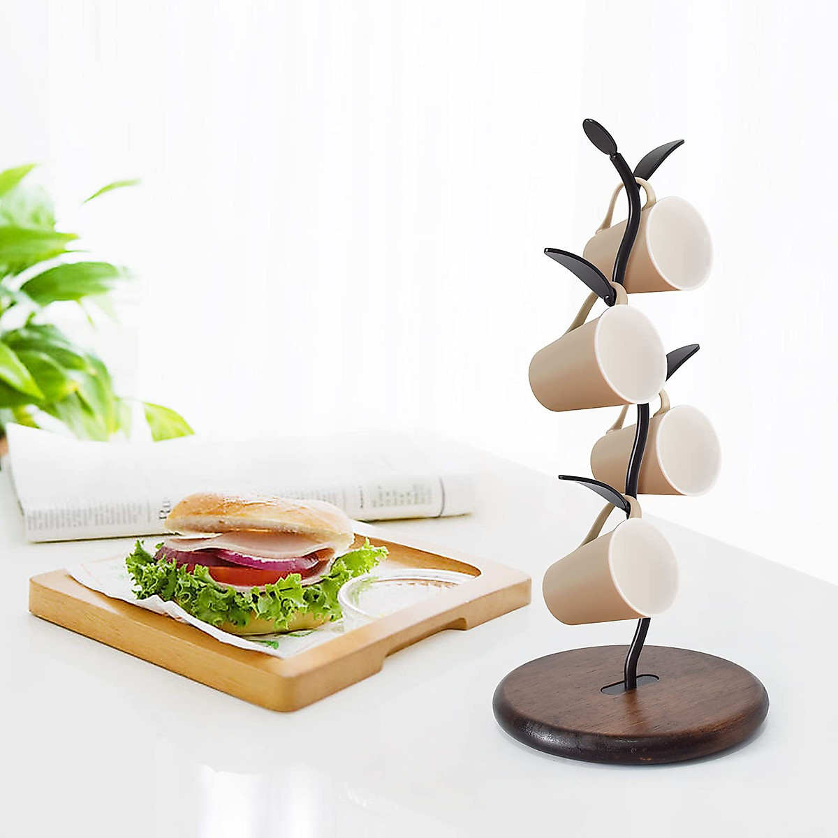 CUKE2BEET Mug Tree Stand, Countertop Coffee Mug Holder Tree Coffee Mug Rack Tea Cup Organizer with Wooden Base for Coffee Counter Bar and Kitchen