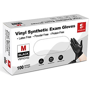 Schneider Black Vinyl Exam Gloves, 4mil, Disposable Latex-Free, Plastic Surgical Gloves for Medical, Cooking, Cleaning, and Food Prep, Powder-Free, Non-Sterile, 100-ct Box (Large)