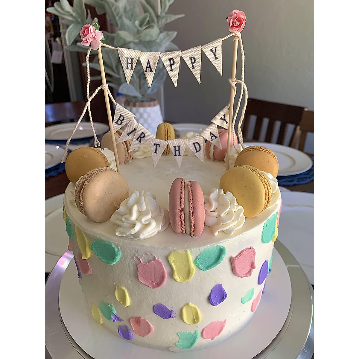 Happy Birthday Cake Bunting Topper Cake Topper Garland, Handmade Pennant Flags with Wood Pole Ivory (With Pink Rose)