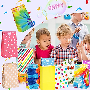 VGOODALL 24PCS Paper Bags with Stickers, Goodie Bags Party Favor Bags Polka Dot Striped Treat Bags Lunch Bags for Wedding Party Supplies