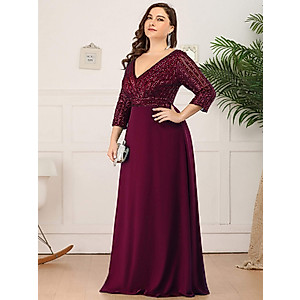 Ever-Pretty Women's Plus Size V-Neck Sparkle Sequins Chiffon Long Sleeves Formal Dresses Burgundy US26