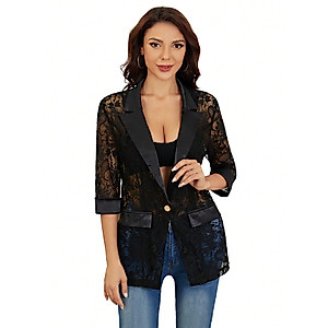 WDIRARA Women's Floral Lace Mesh One Button Lapel Neck Long Sleeve Elegant Jacket Blazer Black Mid Sleeve M